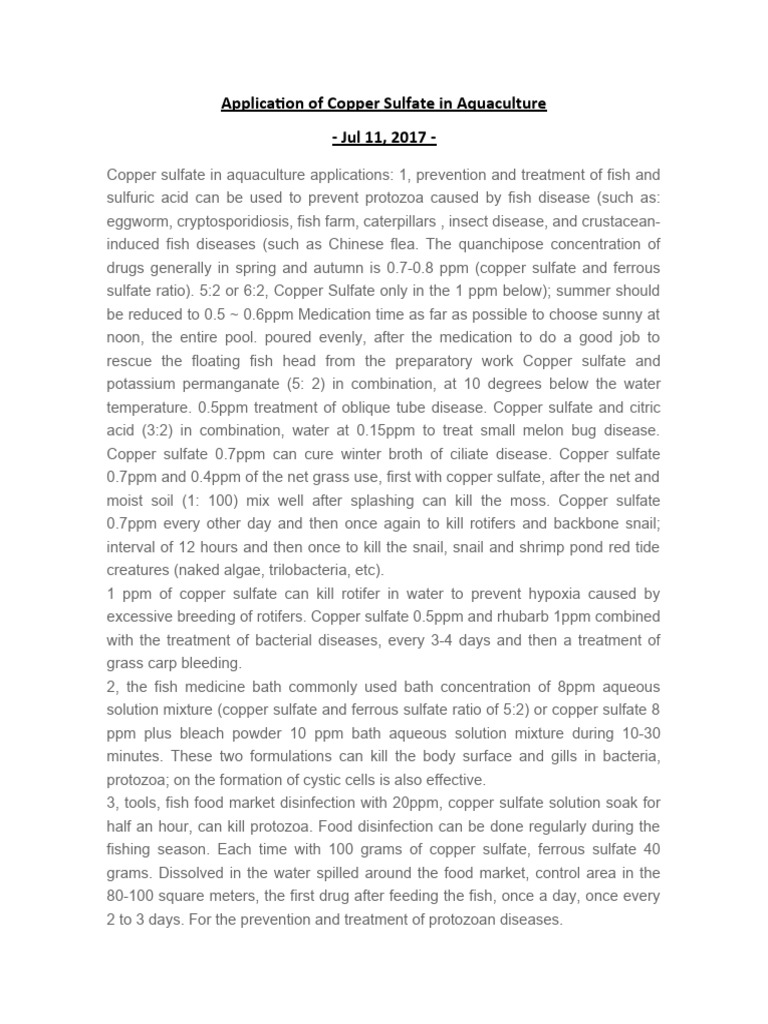 Application of Copper Sulfate in Aquaculture | PDF | Protozoa | Copper