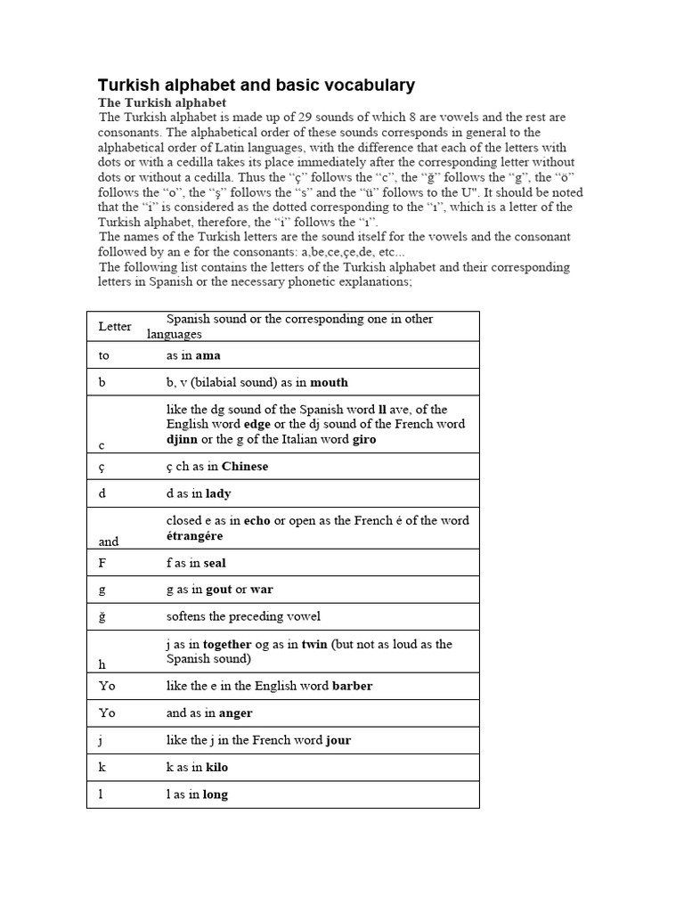 Turkish Alphabet and Vocabulary | Download Free PDF | Alphabet | Phonetics Turkish Alphabet and Vocabulary | Download Free PDF | Alphabet | Phonetics