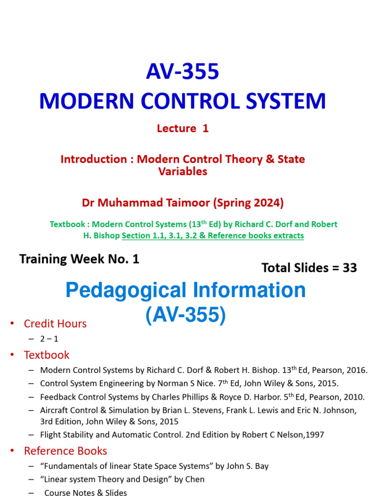 AV355 - MCT - Lec1 - Introduction To State Variables | PDF | Control Theory | Nonlinear System