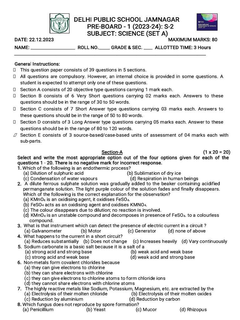 G10 - Science (A) - Pre-Board - 2023-24 | PDF | Chlorine | Redox