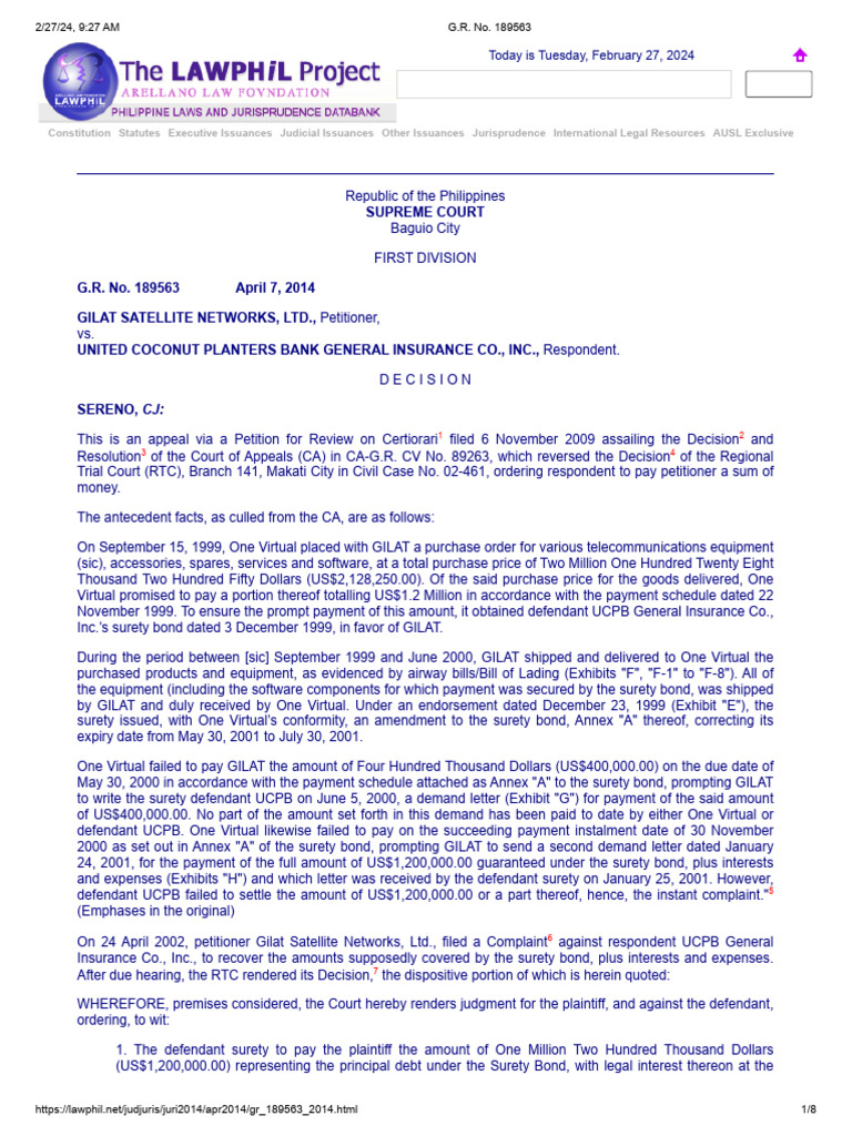 Gilat Satellite Network LTD vs. UCPB General Insurance Co. G.R. No ...