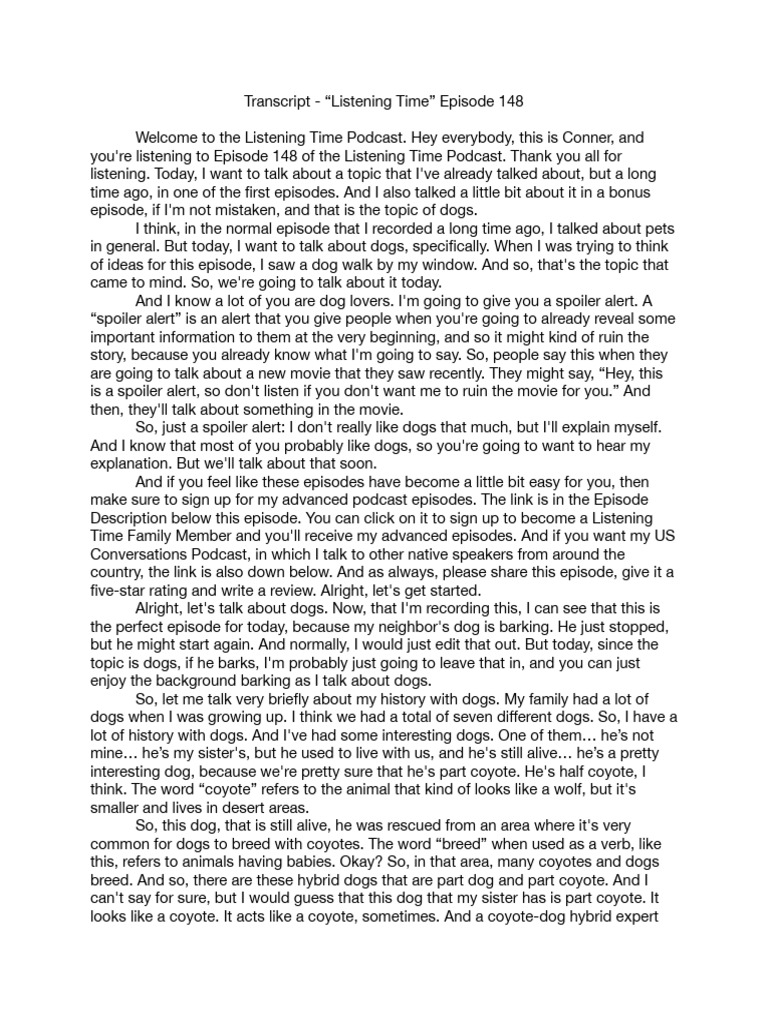 Episode 148 Transcript - Listening Time | PDF | Dogs | Coyote