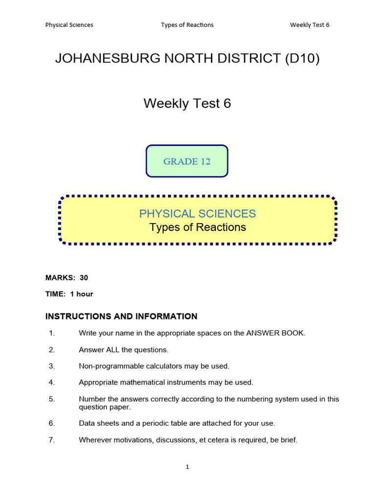 Types of Reactions JN Weekly Test | PDF | Chemical Reactions | Chemistry