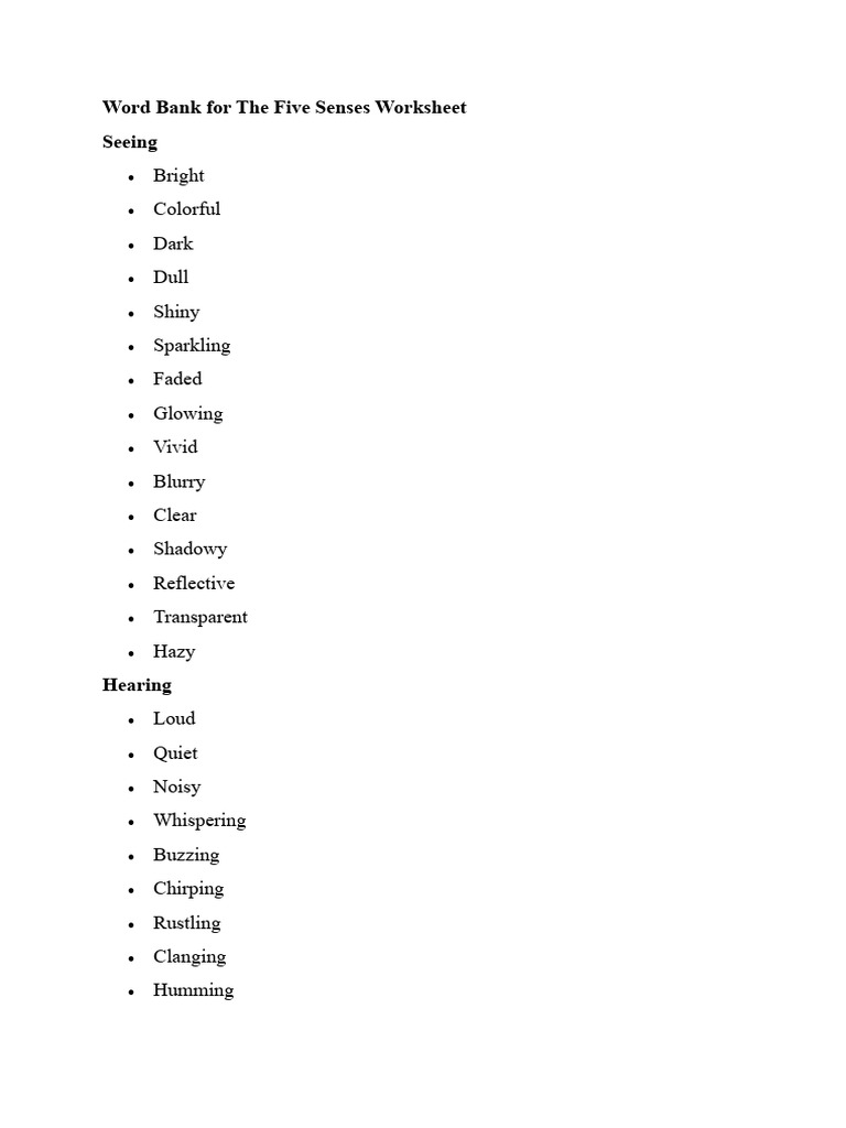 Five Senses Word Bank Worksheet | PDF