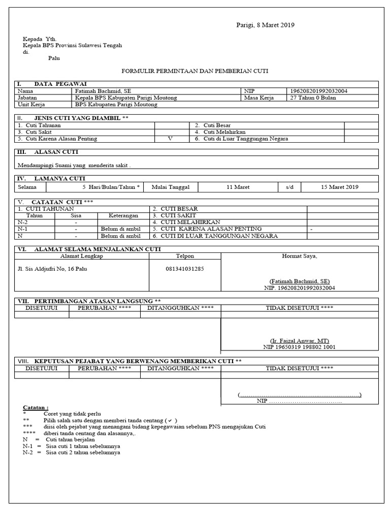 Formulir Cuti Pns Sesuai Perka BKN Nomor 24 Tahun 2017 sETdc | PDF