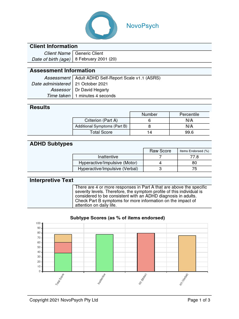 ASRS Adult ADHD Self Report Rating Scale Report 1 | PDF | Attention ...
