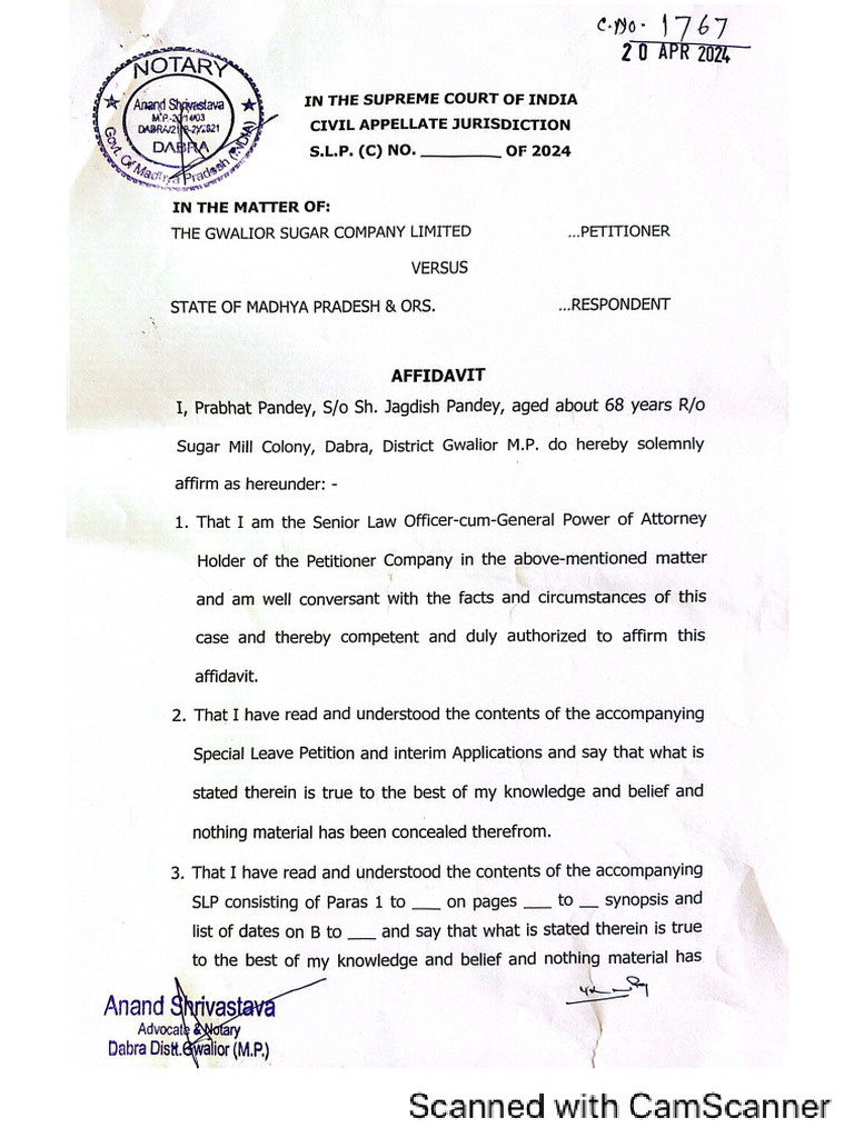 Affidavit SLP Gwalior Sugar | PDF