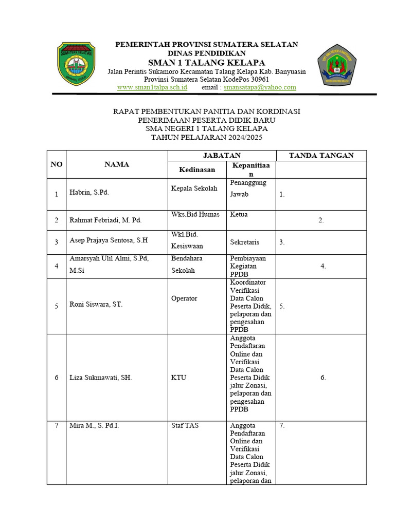 Rapat Panitia PPDB SMAN 1 Talang Kelapa 2024 | PDF