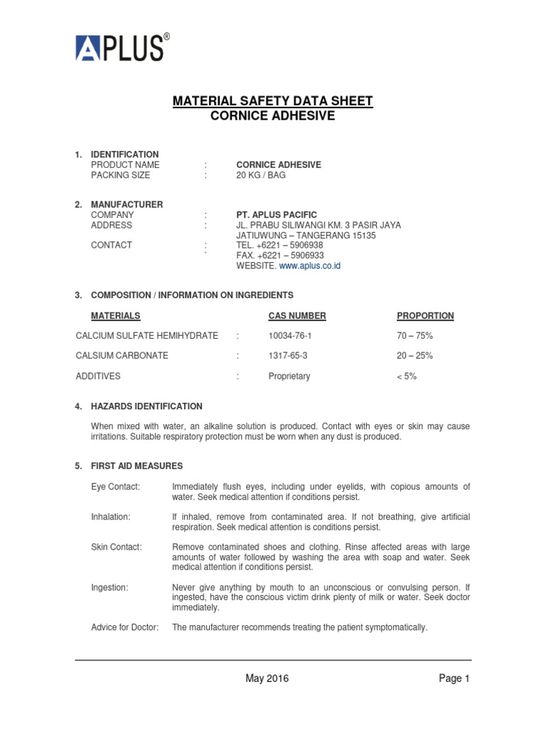 MSDS Cornice Adhesive | PDF | Materials | Chemistry