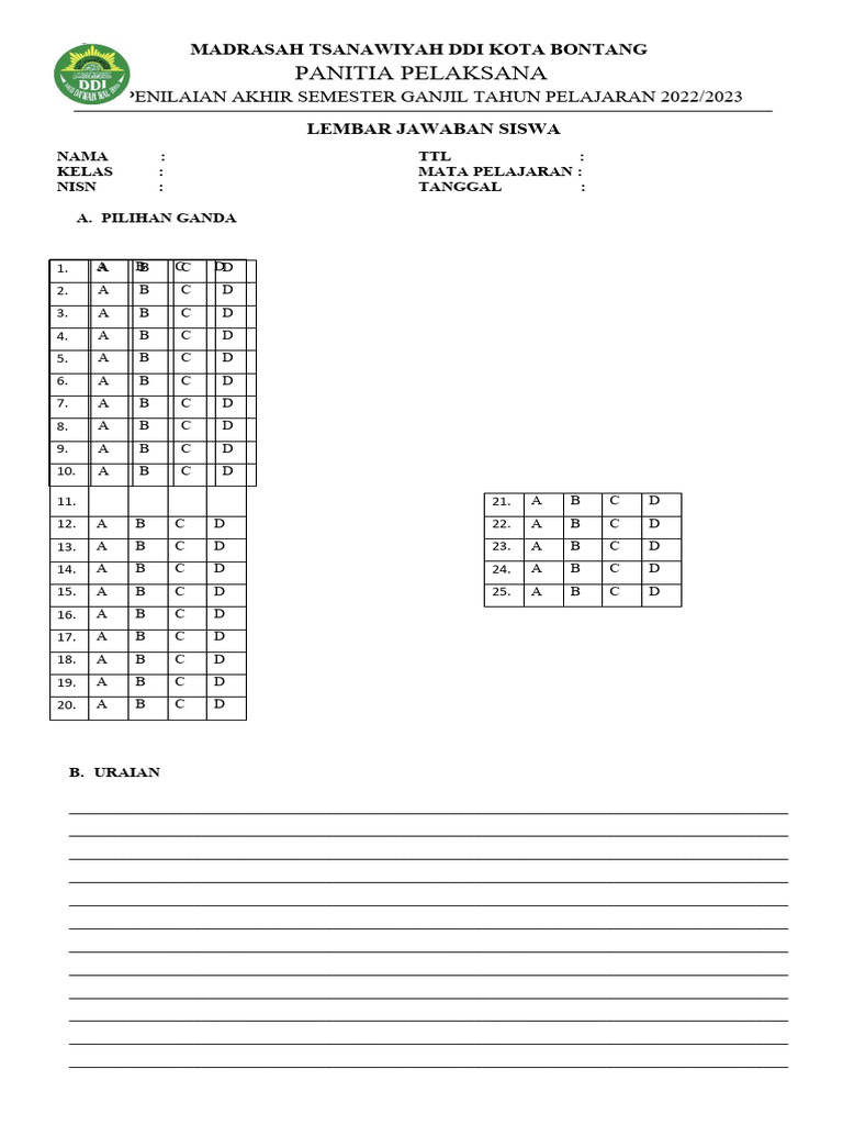 Lembar Jawaban Siswa PAS Ganjil 2022 2023 | PDF