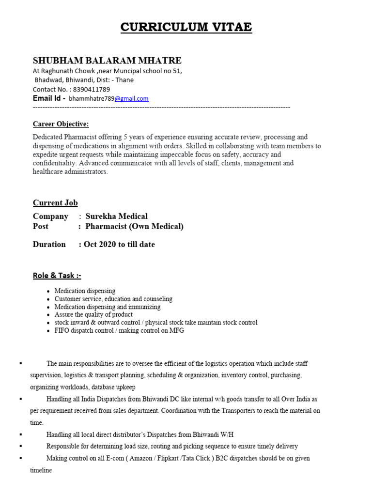 Shubham B Mhatre - CV | Download Free PDF | Warehouse | Receipt