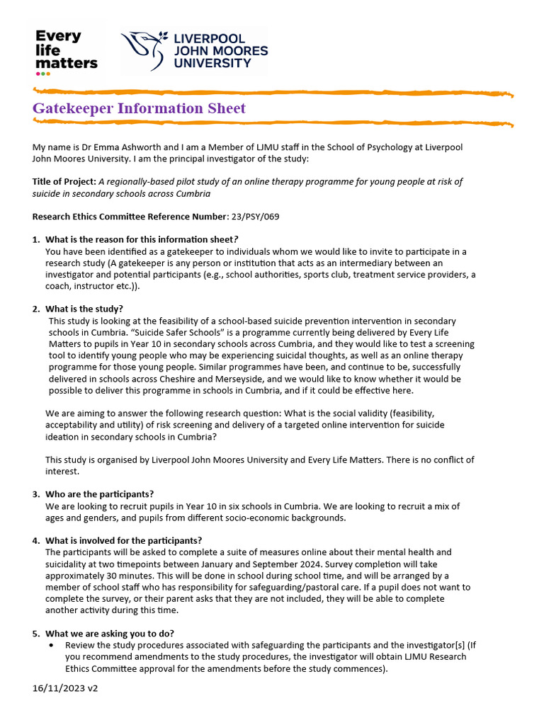 ELM LJMU Gatekeeper Information Sheet and Consent Form | PDF | Informed ...
