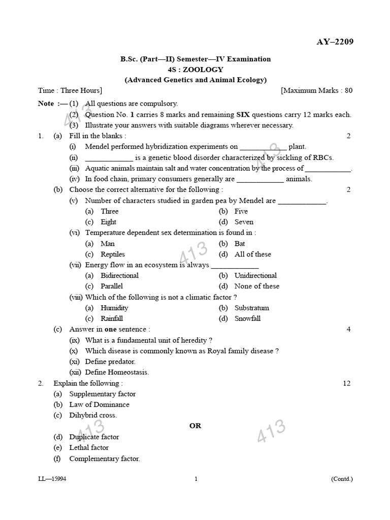 BSC 4 Sem Zoology Advanced Genetics and Animal Ecology Ay 2209 S 2022 ...