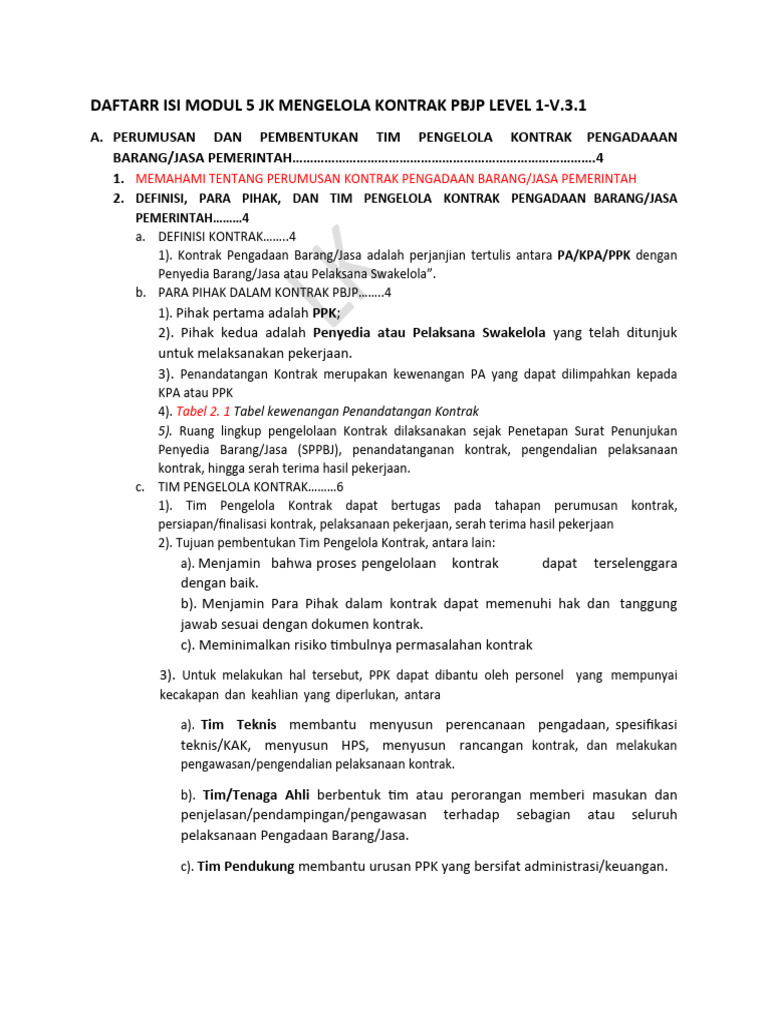 Daftar Isi Modul 5 JK Mengelola Kontrak PBJP Level 1 | PDF