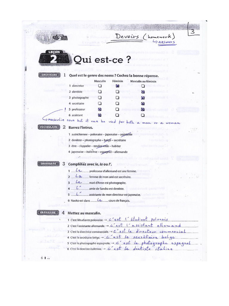 Correction Homework Lesson 2 - French 1 | PDF