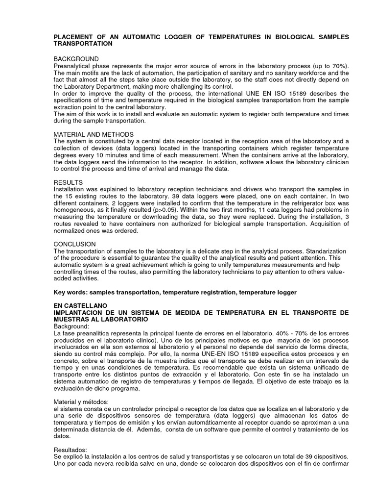 Placement of An Automatic Logger of Temperatures in Biological Samples ...