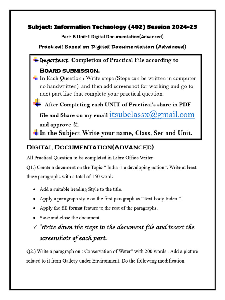 In The Subject Write Your Name, Class, Sec and Unit. Digital Documentation (Advanced) | PDF ...