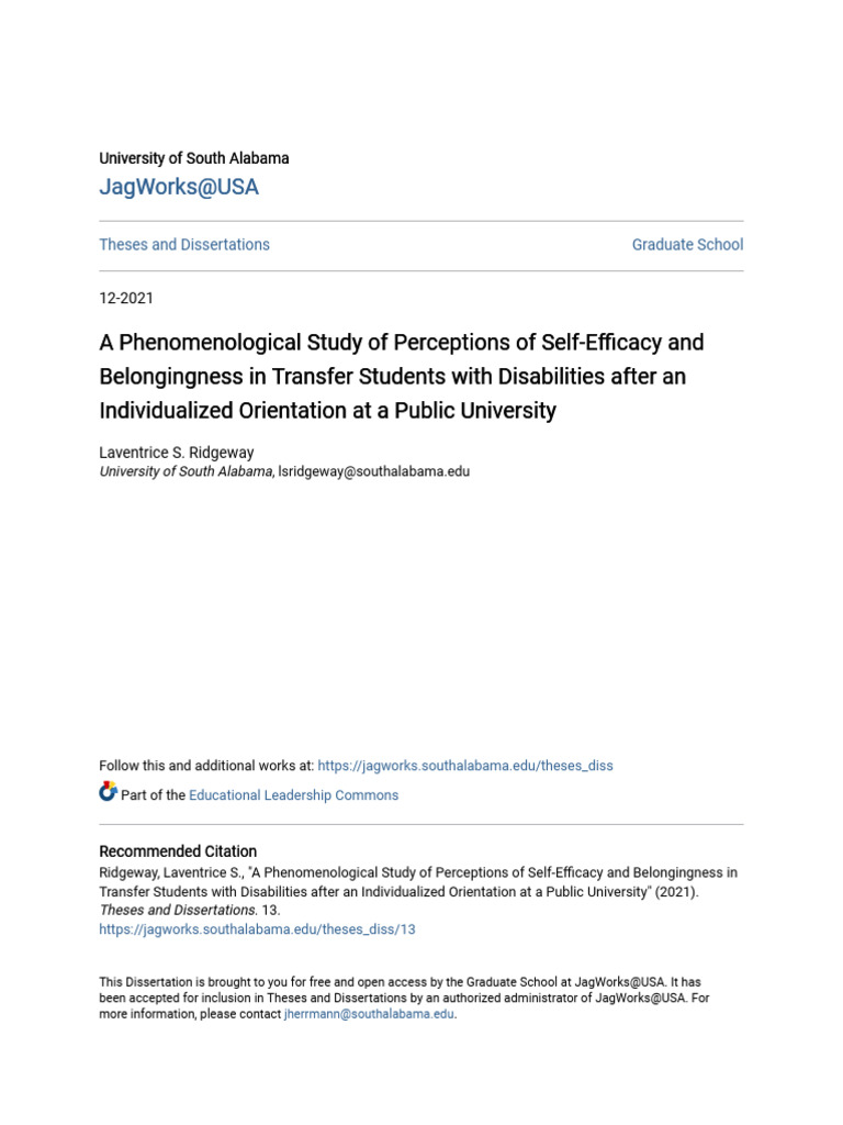 A Phenomenological Study of Perceptions of Self-Efficacy and Belo | PDF | Community | Pedagogy