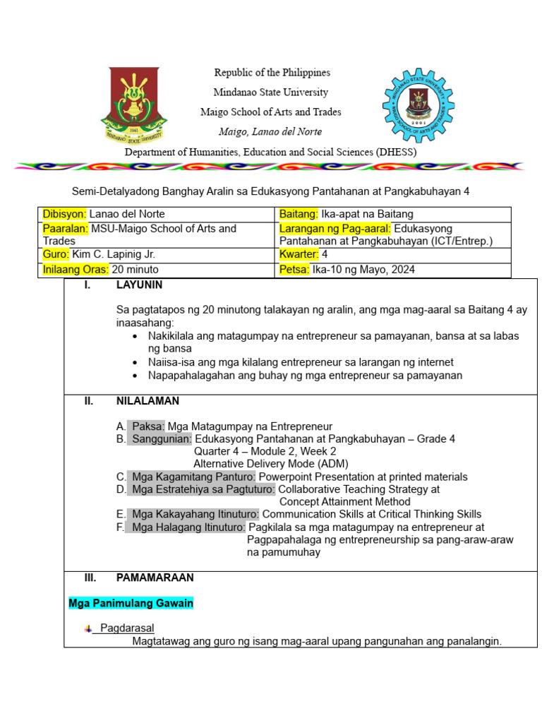 My Epp Lesson Plan Lapinig | PDF