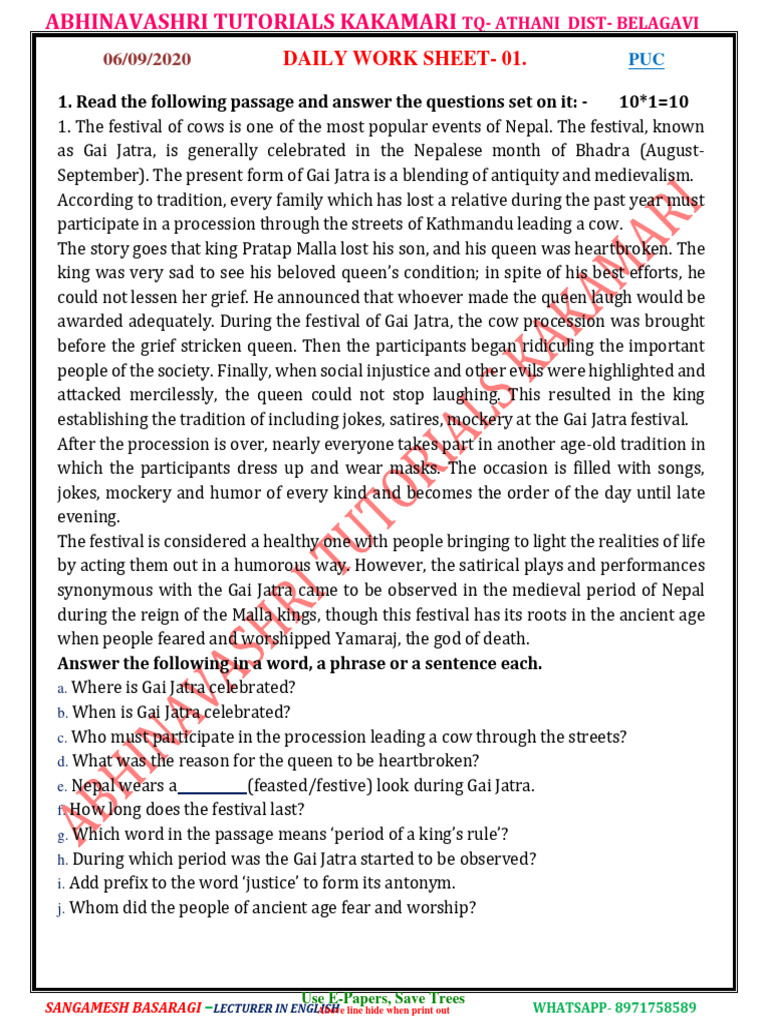Gai Jatra Festival Worksheet | PDF
