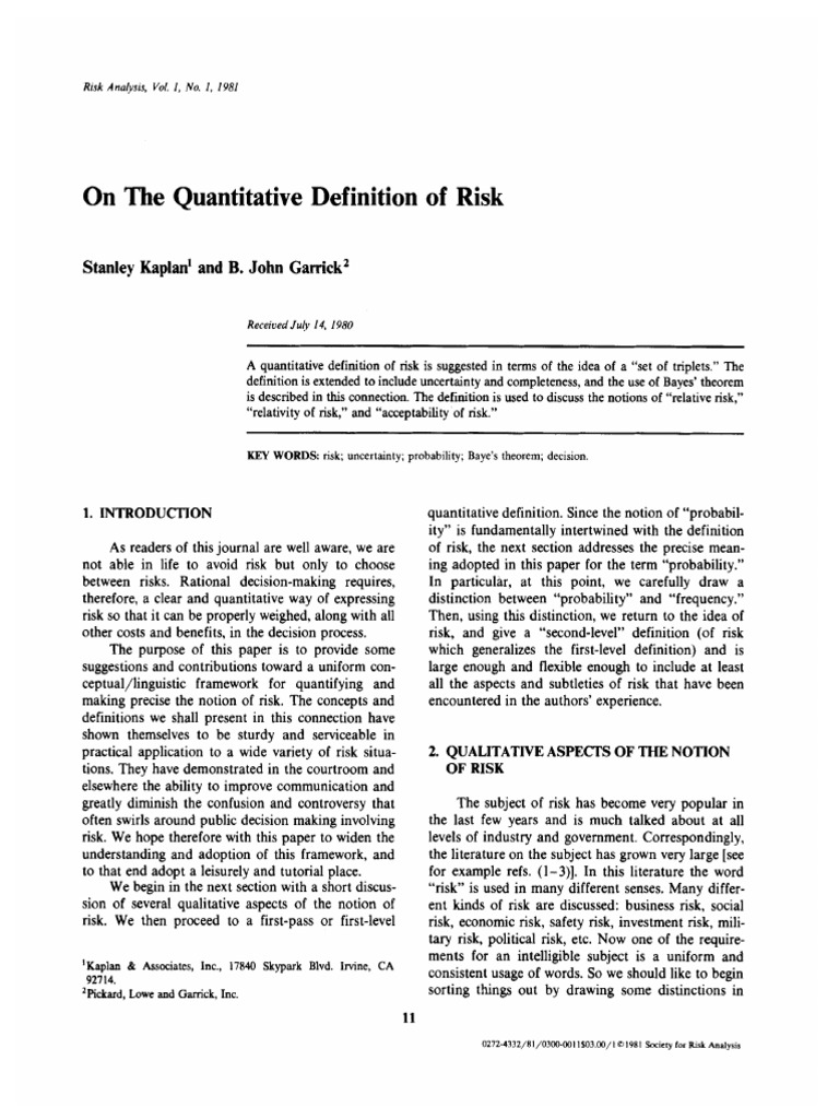 Kaplan Garrick 1981 Quantitative Definition of Risk | PDF | Risk | Probability