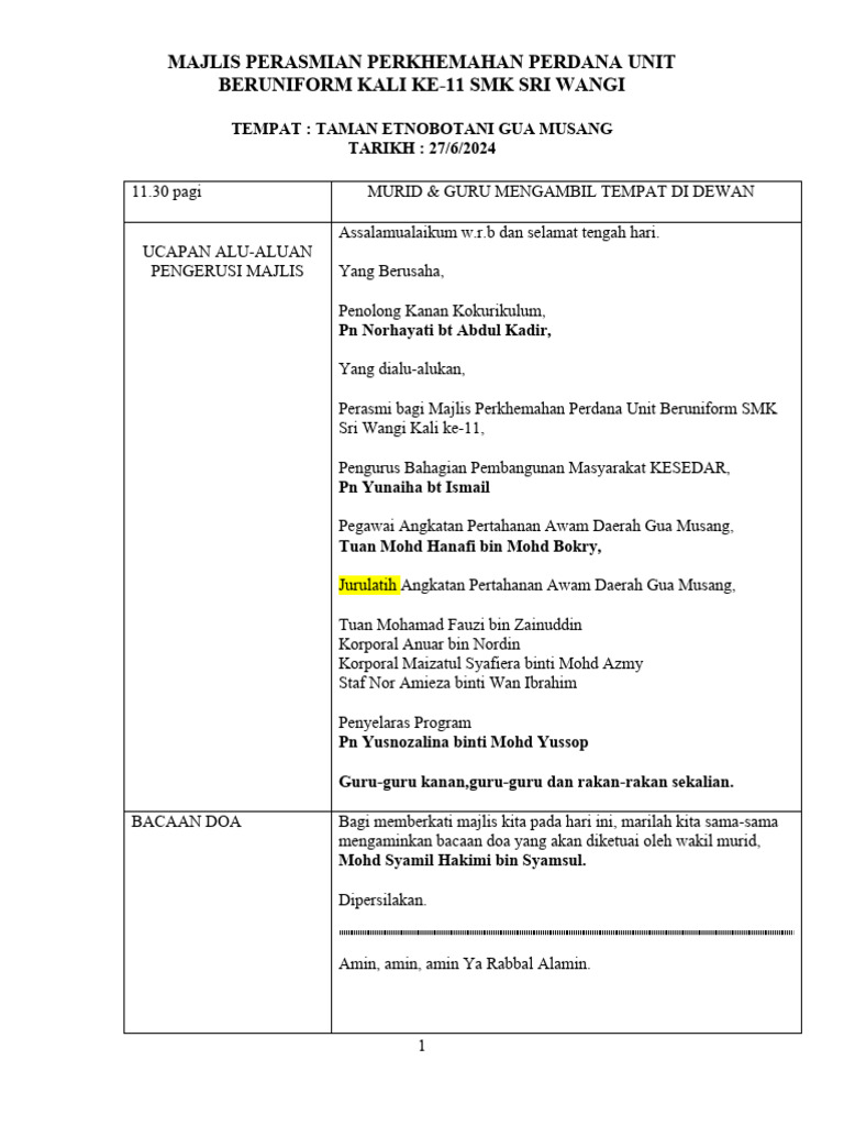Teks Majlis Perasmian Perkhemahan Perdana SMKSW | PDF