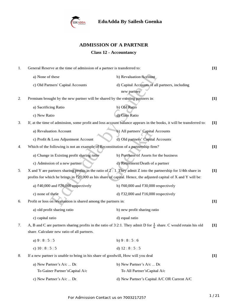 Admission of A Partner Questions | PDF | Book Value | Goodwill (Accounting)