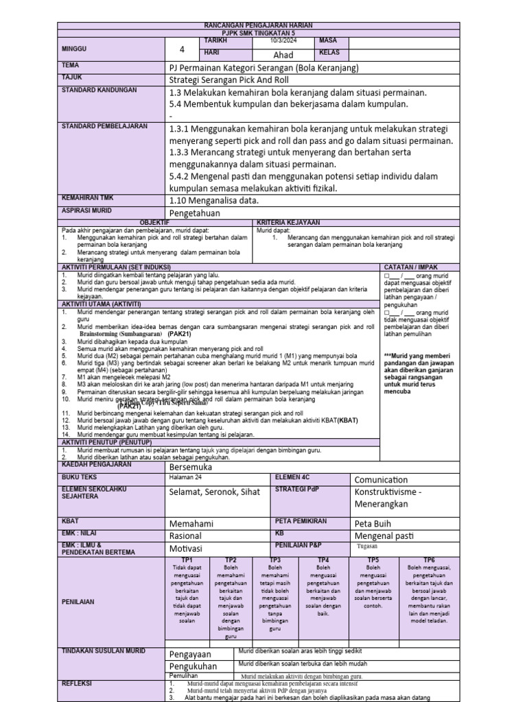 RPH SMK Minggu 4 PJPK Tingkatan 5 2024-2025 by Cikgu Gorgeous | PDF