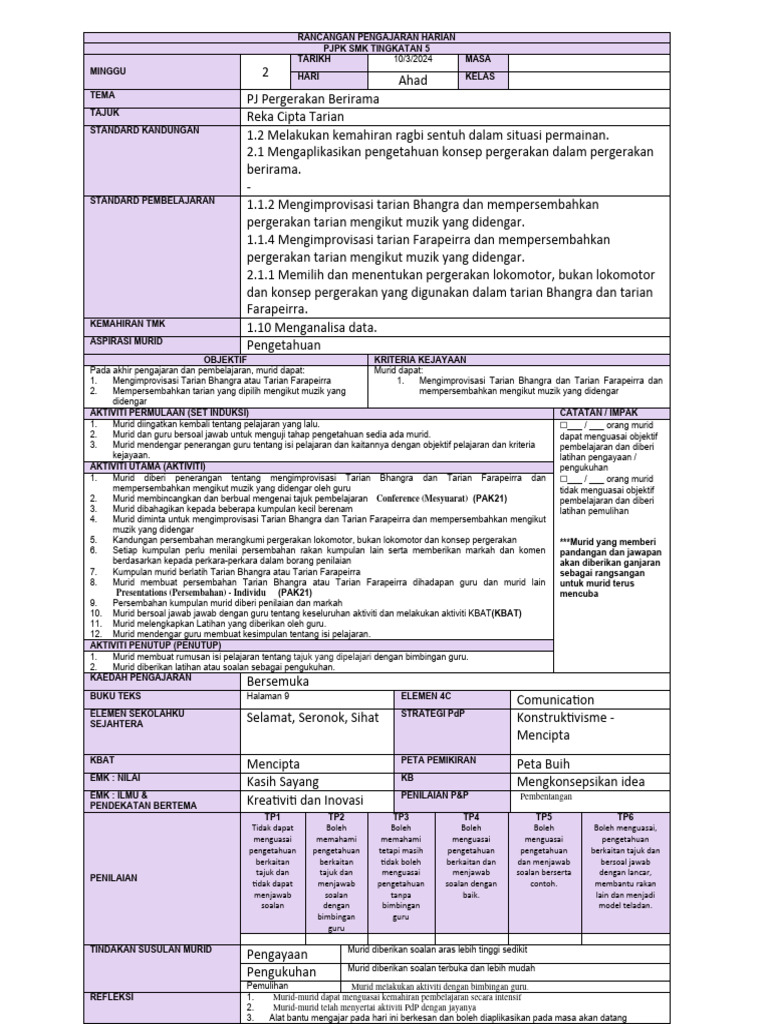 RPH SMK Minggu 2 PJPK Tingkatan 5 | PDF