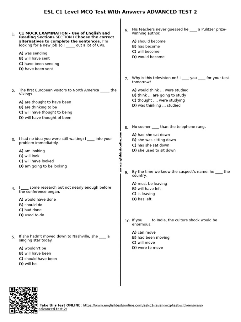 ESL C1 Level English Test & Answers | PDF | Literacy | Multiple Choice