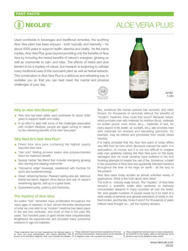 NeoLife Aloe Vera Plus Benefits Explained | PDF | Drugs | Medicine