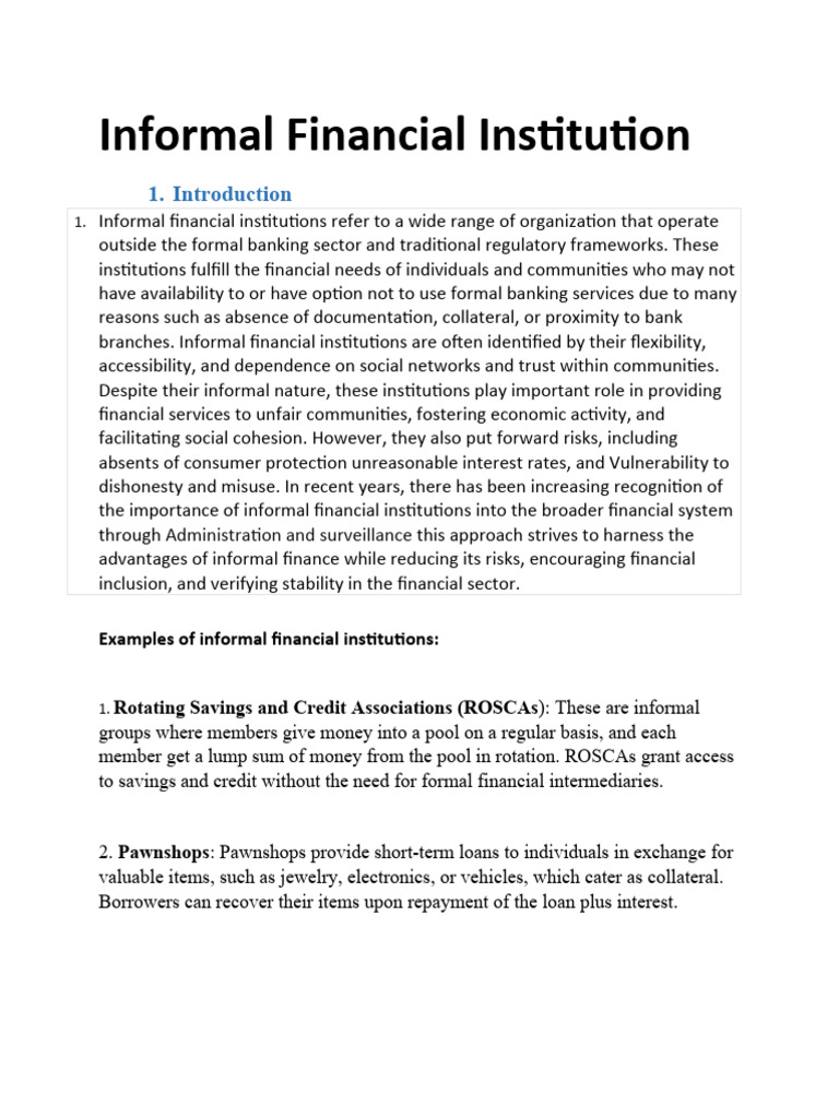 Understanding Informal Financial Institutions | PDF | Microfinance ...