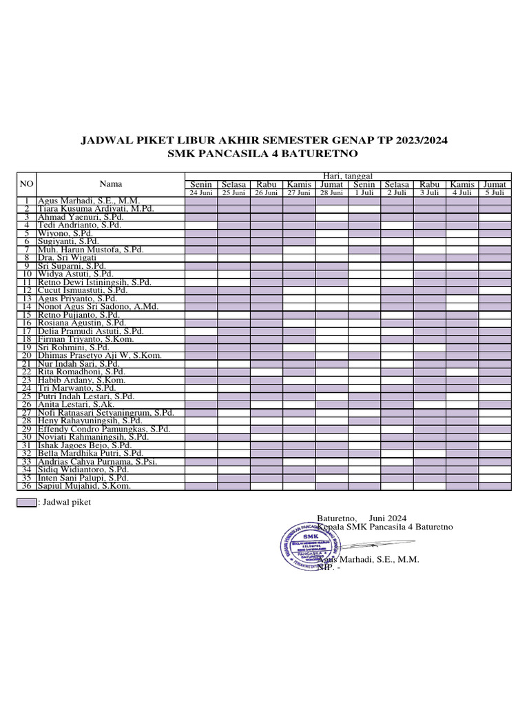 Jadwal Piket Libur Semester Genap 2023.2024 | PDF