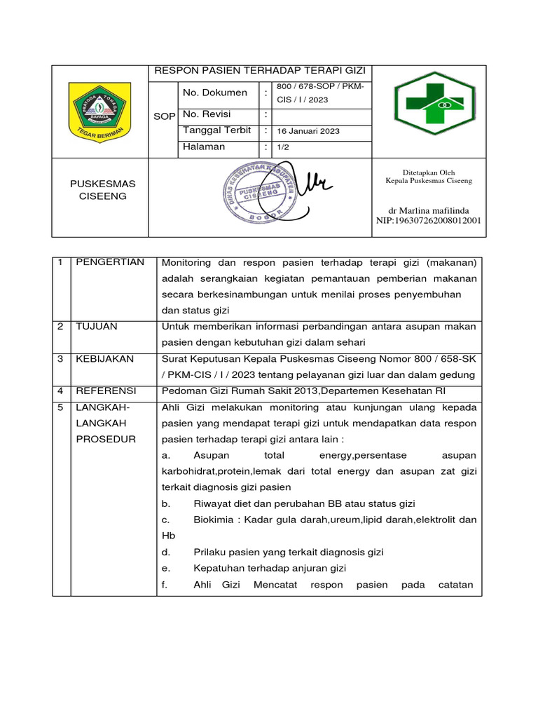 SOP Respon Terapi Gizi Pasien | PDF | Kesehatan Holistik