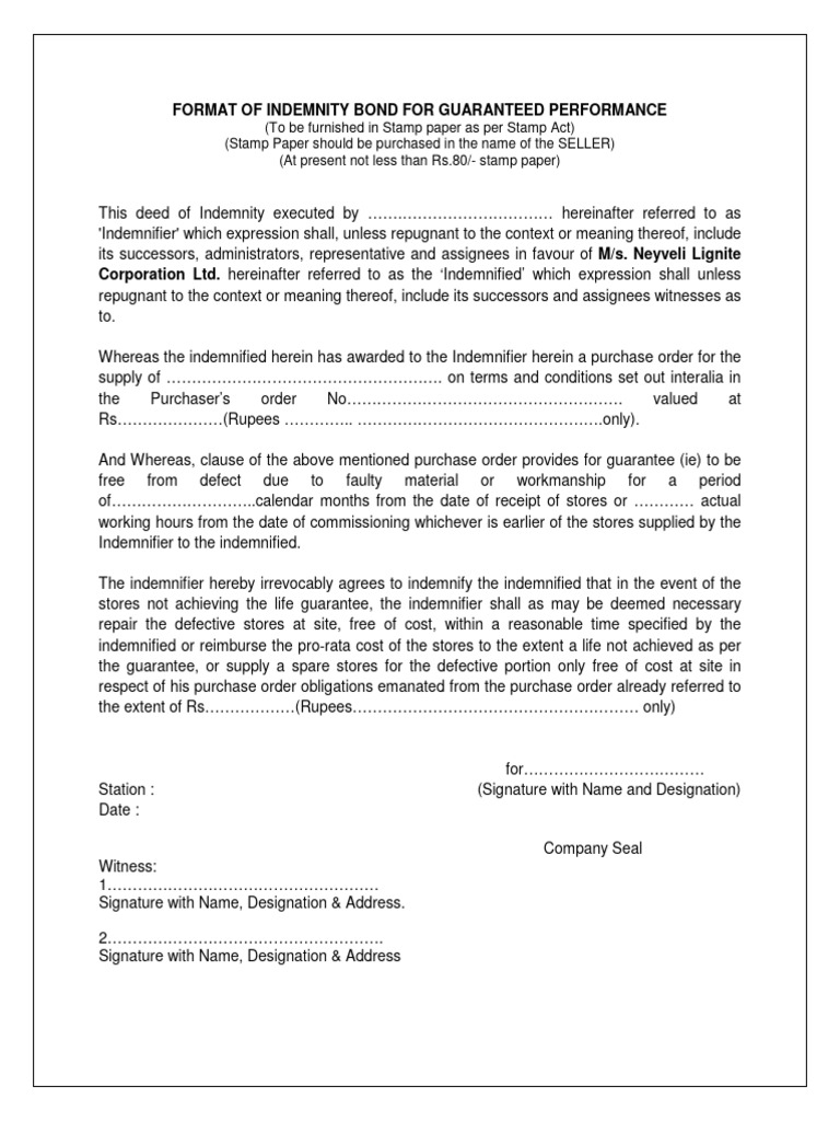 Format of Indemnity Bond For Guaranteed Performance | PDF