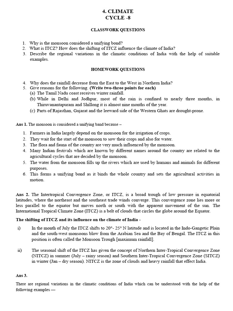 Climate HW CW Map Work and Activity Cycle 8 2 | PDF | Monsoon | Rain