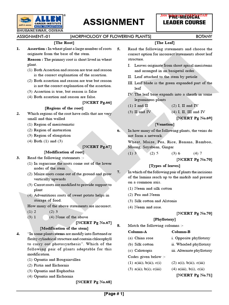 Asgmt 01 To 02 Morphology of Flowering Plants Bot Neet Leader SC | PDF ...