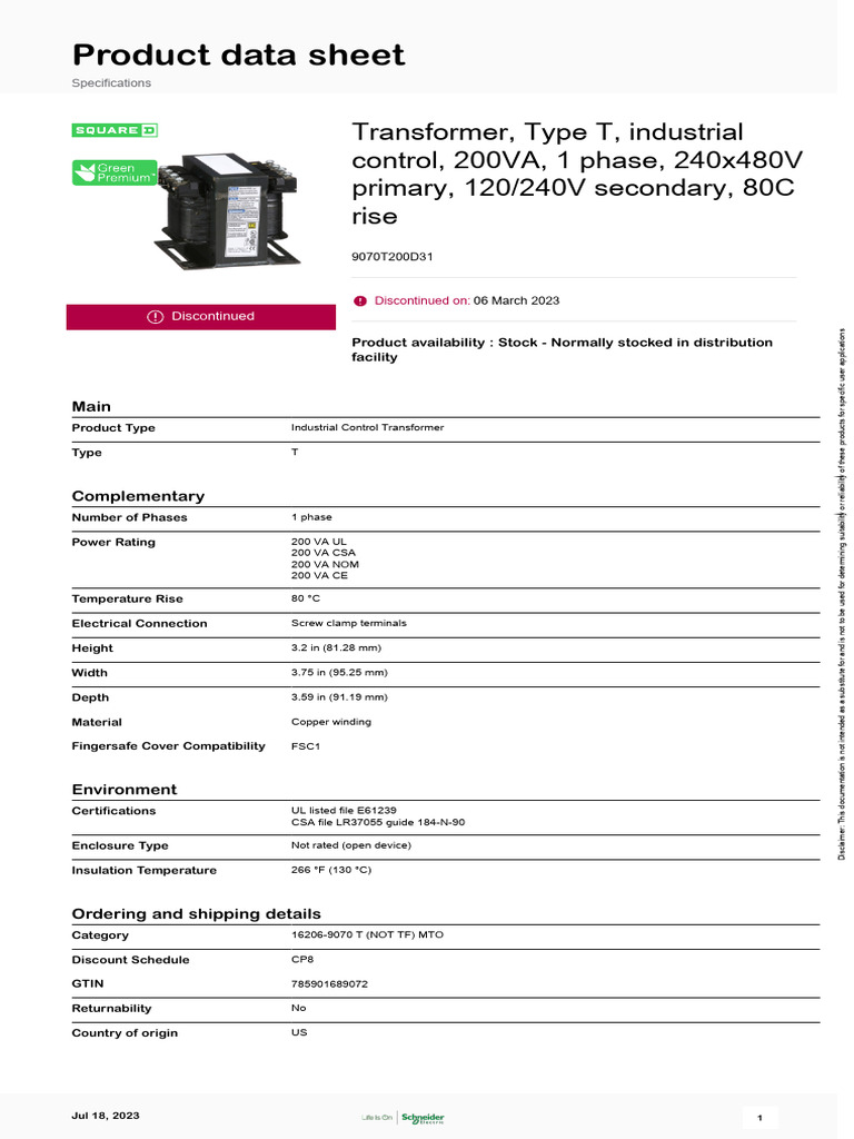 Industrial Control Transformers (Machine Tool) - 9070T200D31 | PDF ...