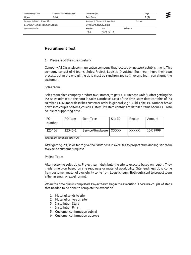 ERICSSON Data Analyst Recruitment Test | PDF | Databases | Logistics