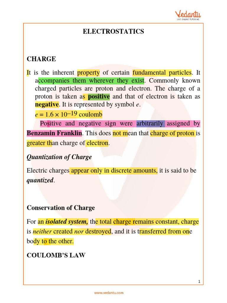 Jee Main 2025 Revision Notes Electrostatics | PDF | Electric Charge ...