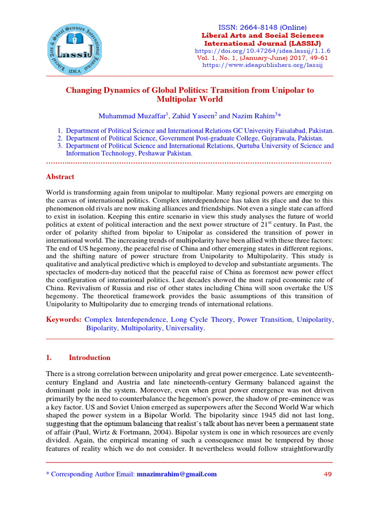 Changing Dynamics of Global Politics: Transition From Unipolar To ...