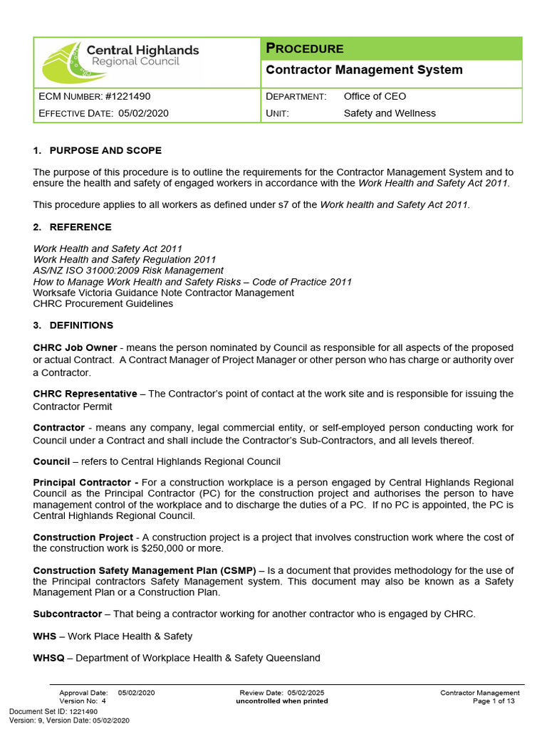 ECM 1221490 v9!3!10!03!01 Contractor Management Procedure | PDF ...