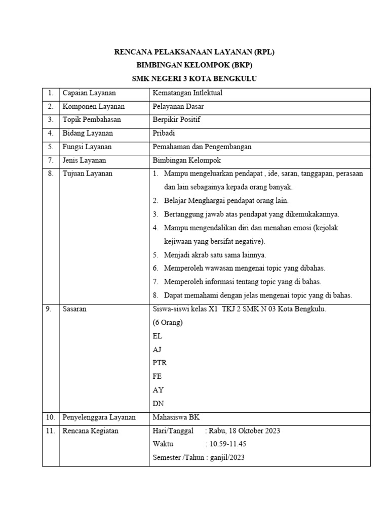 Rencana Pelaksanaan Layanan BKP | PDF