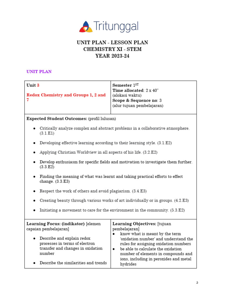 Redox Chemistry Unit Plan for XI STEM | PDF | Redox | Chlorine