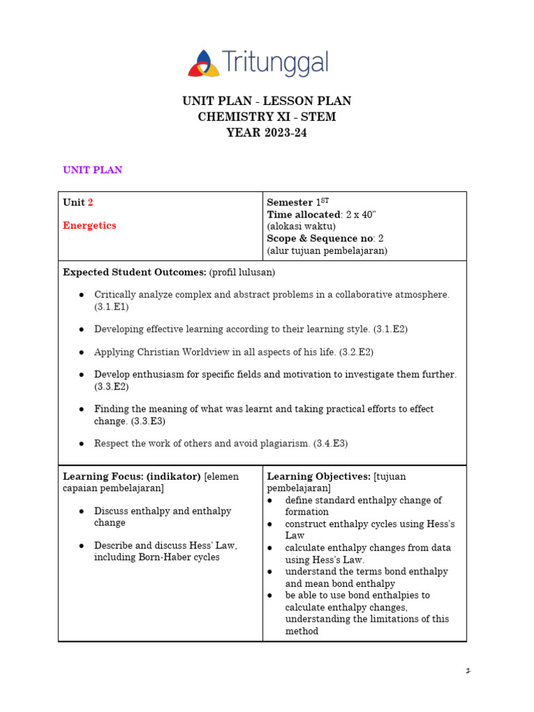 Chemistry XI Energetics Unit Plan | PDF | Redox | Chemical Compounds