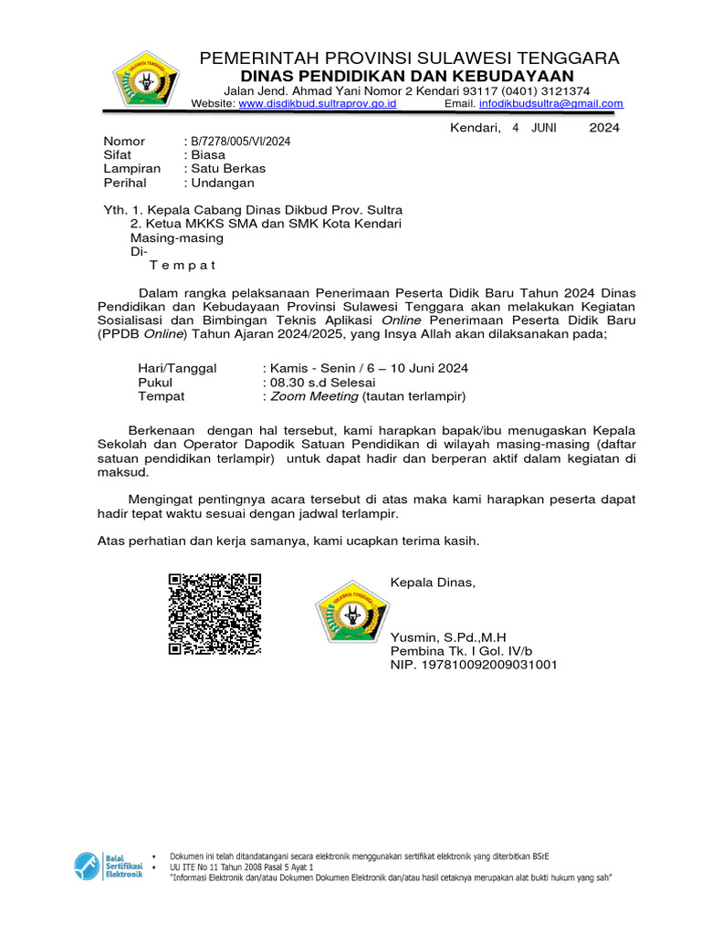Surat Undangan Sosialisasi Dan Bimtek PPDB Tahun 2024 | PDF