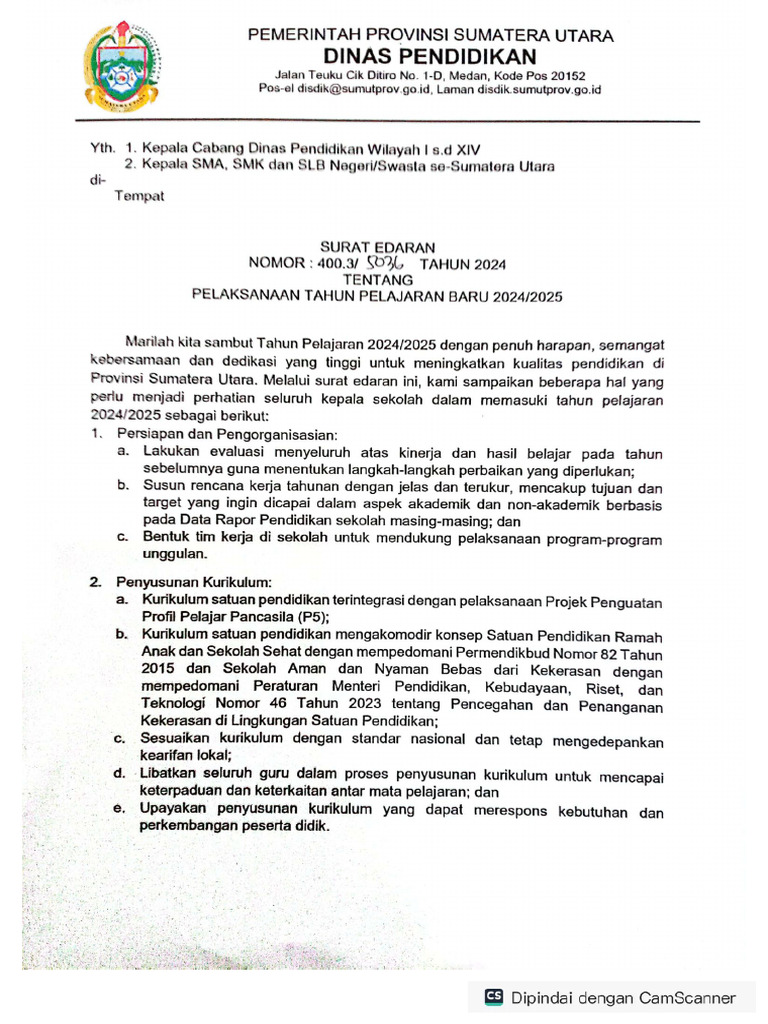 Surat Edaran Pelaksanaan Tahun Pelajaran Baru 20242025 | PDF