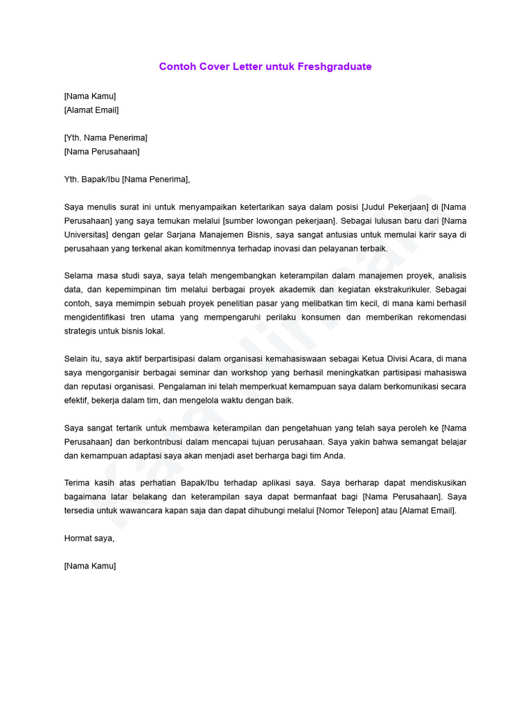 Contoh Cover Letter untuk Fresh Graduate | PDF | Bisnis | Pengelolaan ...