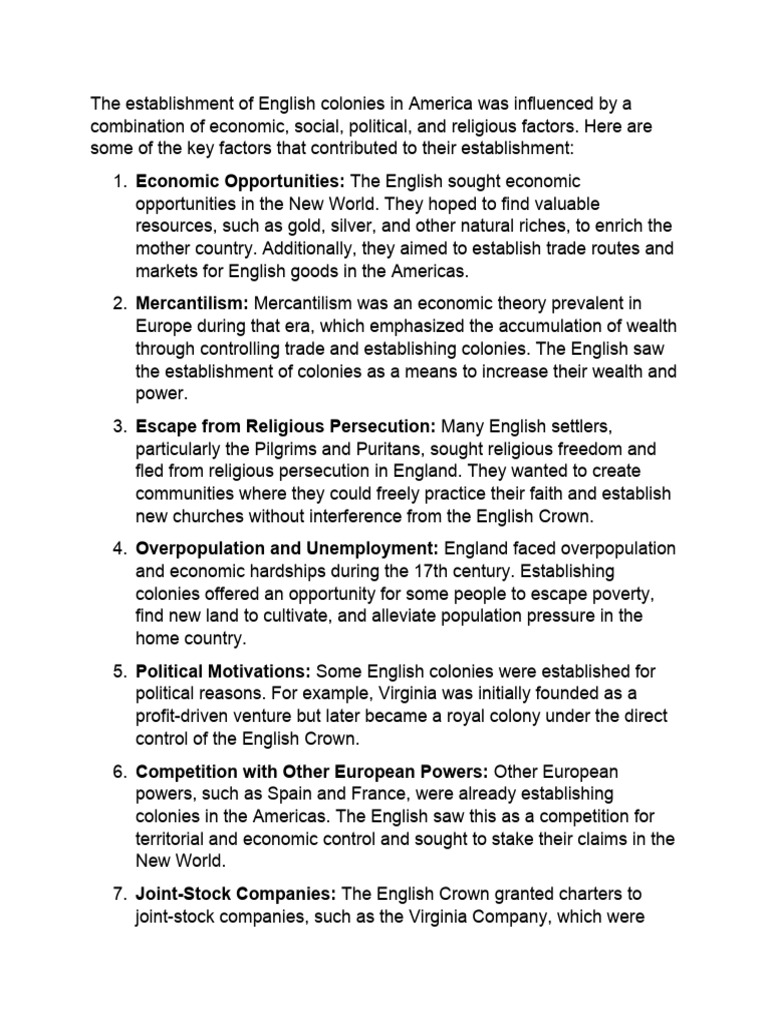 The Establishment of English Colonies in America Was Influenced by A ...