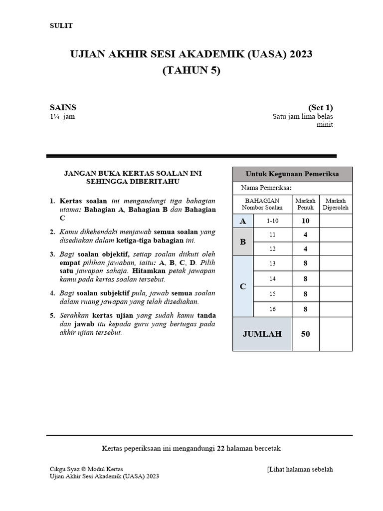 TP2069 - 3 Set Kertas Ujian Akhir Sesi Akademik Sains Tahun 5 Uasa Sesi 2023-244 | PDF